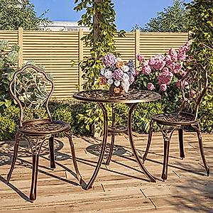 BELLEZE 3 Piece Bistro Set, Aluminum Bistro Table Set Outdoor Bistro Set, Weather-Resistant Garden Table and Chairs Wrought Iron Patio Furniture for Balcony Backyard, Leaf Design - Bronze