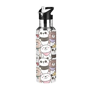 Kigai Cute Cartoon Bear Stainless Steel Water Bottle w/Straw 34 OZ- Thermo Mug, Metal Canteen-Keeps Liquids Hot or Cold w/Vacuum Insulated Sweat Proof Sport Design