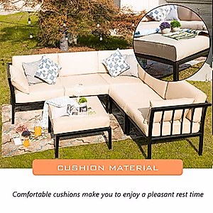 LOKATSE HOME 6 Piece Patio Conversation Set Outdoor Furniture Sectional Sofa with 3 Corner Couch 2 Armless Chair and 1 Ottoman, 6Pcs, Khaki Cushions