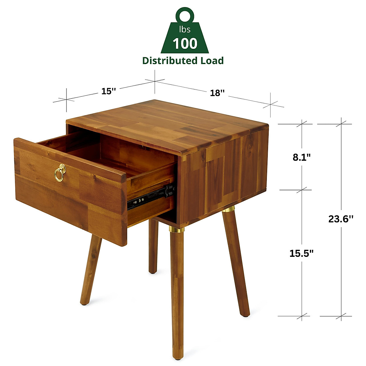 Bme Alden Solid Wood Nightstand/Side Table/End Table, Fully Assembled, with 1-Drawer for Mid Century Bedroom and Living Room, (12mm), Caramel