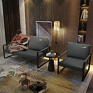 Lamerge Mid-Century Retro Modern Living Room Sofa Set with Loveseat and Seating Sofa Chair, Upholstered Couch and Accent Chair with Armrest, Living Room Set for Small Space, APT, Office (Grey)