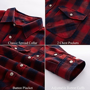 PJ PAUL JONES Mens Casual Button Down Shirts Flannel Plaid Cotton Regular Fit Long Sleeve Shirts Red Large