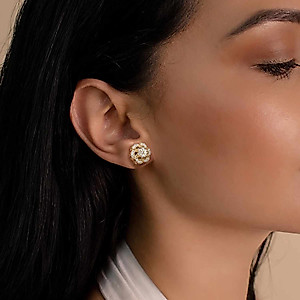 GLOSOLE Gold Stud Earrings for women Trendy, Flower-shaped 14K Gold Earrings Studs Sparkling Zirconia 10mm