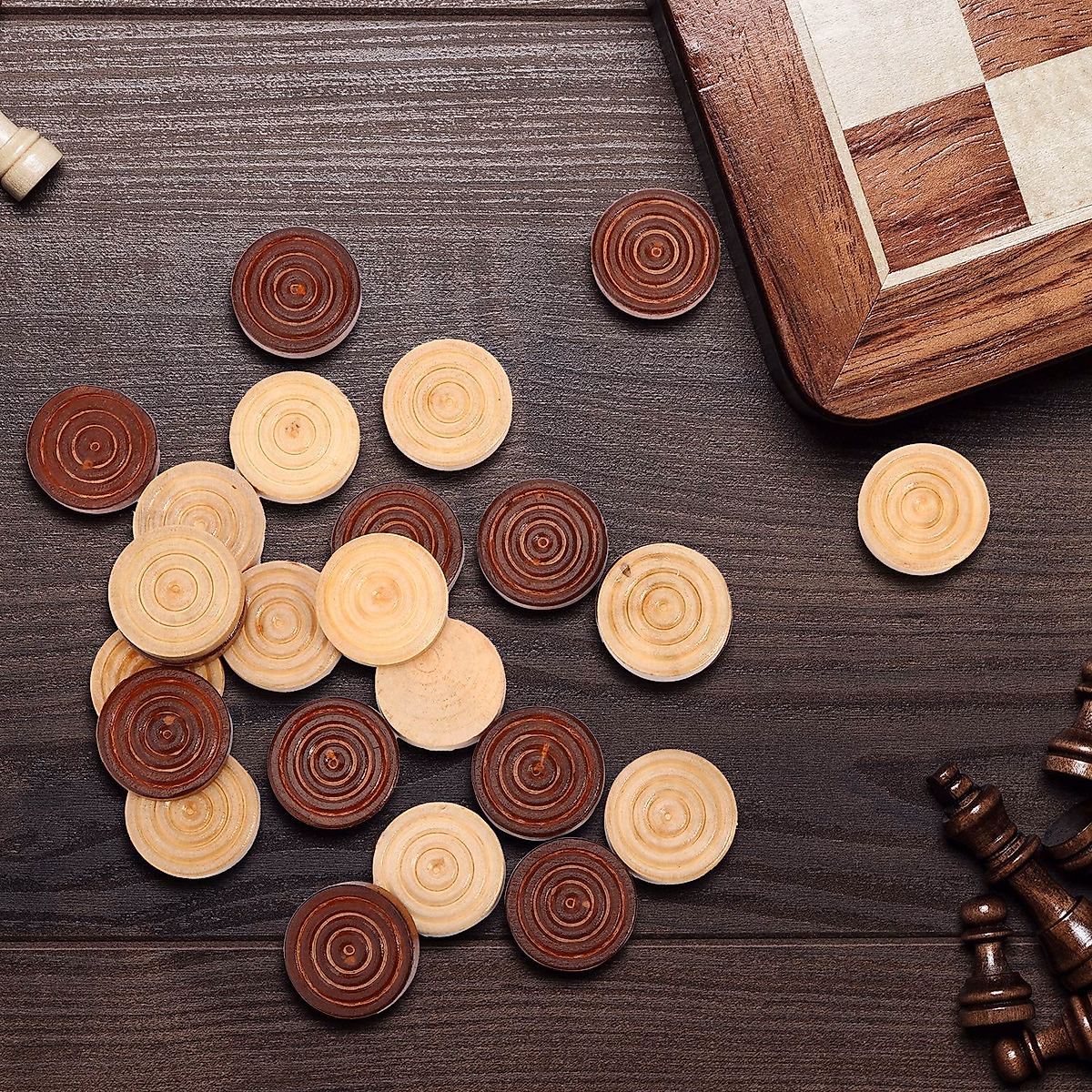 24 Pieces Wooden Checkers 1.06 Inch Wood Checkers Pieces Stackable with Drawstring Storage Bag for Board Game Backgammon, Dark Brown and Natural Wood Color