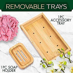 SereneLife Luxury Bamboo Bathtub Caddy, Extendable & Adjustable Tray with Device/Book Holder, Removable Trays for Bath Accessories (Natural)