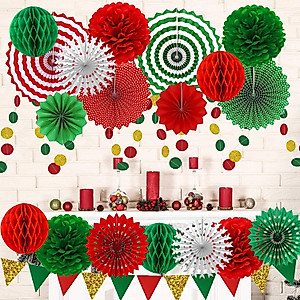 Christmas Party Decorations Banner Indoor and Outdoor Handmade Paper Fan, Honeycomb Trees Honeycomb hat,Christmas Banner Bunting,Swirls Garland Foil Hanging for Christmas Birthday Wedding Baby Shower