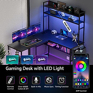FEMOND L Shaped Gaming Desk with LED Lights & Power Outlets Computer Desk with Hutch Office Desk with Storage Shelf, Headphone Hook,Cup Holder