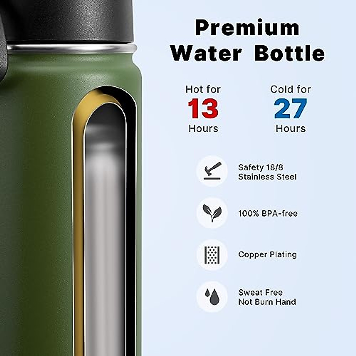 koodee Water Bottle for School 22 oz Stainless Steel Vacuum Insulated Sports Water Bottle for Boys, Reusable Metal Water Bottle with Leak Proof Straw Lid (Grass Green)