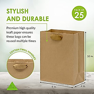 Brown Gift Bags with Handles - 8x4x10 Inch 25 Pack Designer Kraft Shopping Bags in Bulk, Small Gift Wrap Totes with Fabric Handles for Boutiques, Small Business, Retail Stores, Merchandise, Birthdays