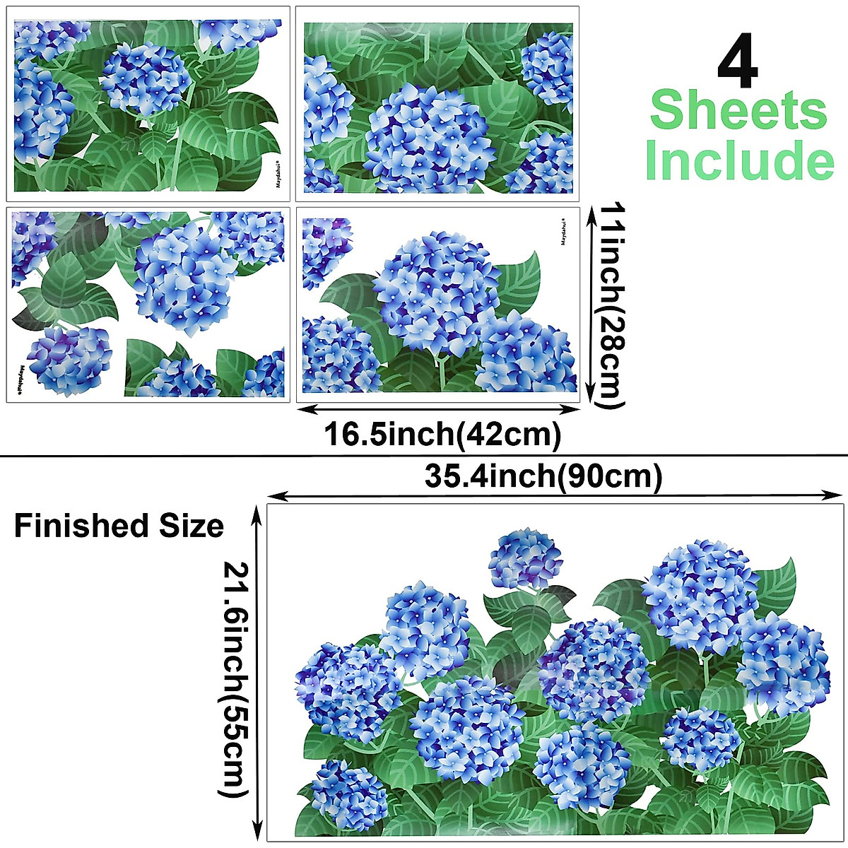 Maydahui Blue Hydrangea Flower Wall Decals Green Leaf Floral Wall Stickers (21.6x35.4 Inch) Removable Peel and Stick Art Murals Decor for Kids Bedroom Living Room TV Sofa Headboard Background