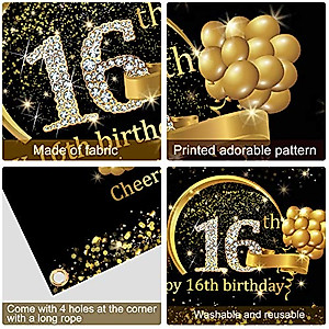 Kauayurk 16th Birthday Banner Backdrop Decorations & Balloon Garland Arch Kit for Boy Girl, Gold Extra Large Cheers to 16 Years Birthday Party Supplies, Sixteen Birthday Poster Photo Booth