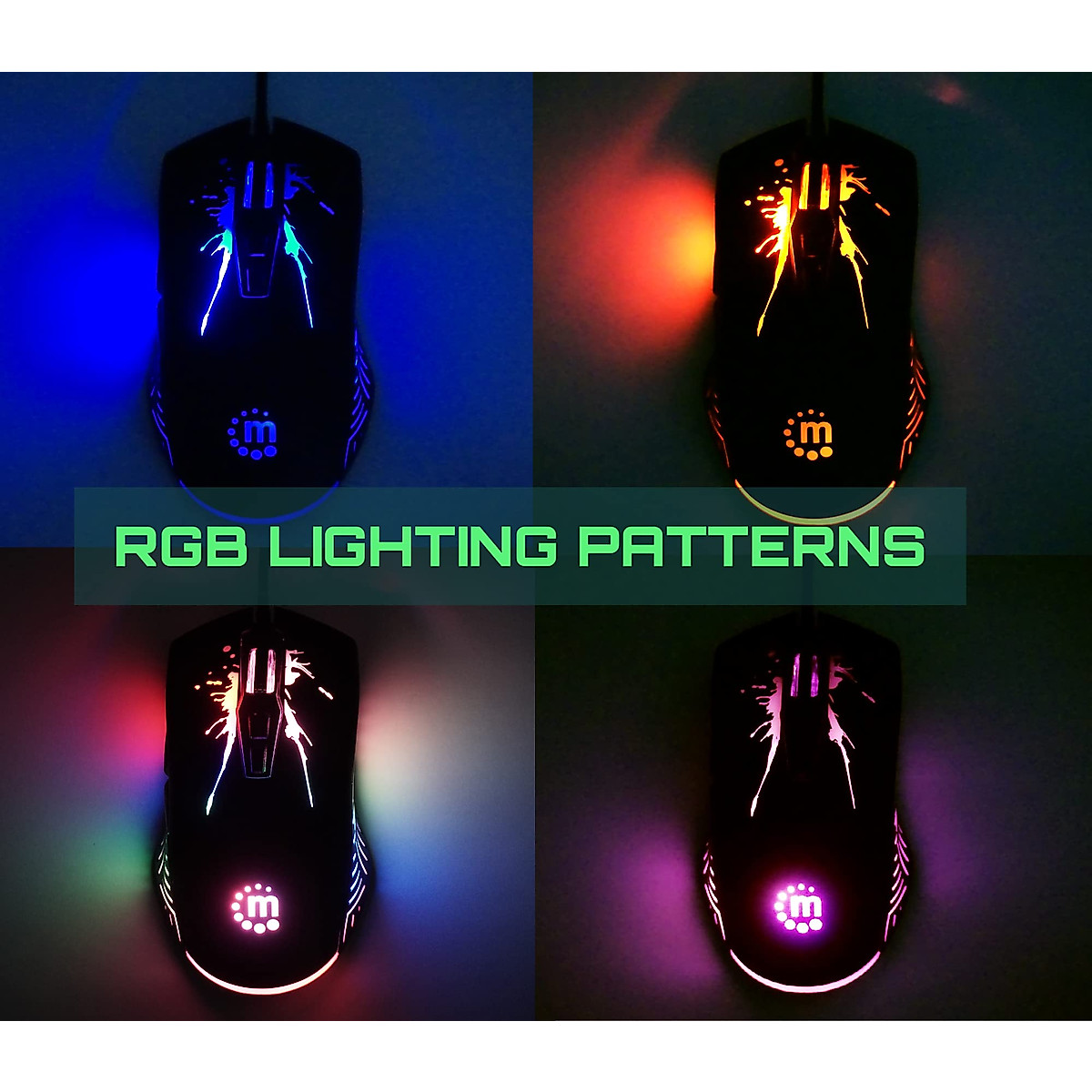 MANHATTAN Wired RGB Gaming Mouse – Long 5 ft Braided USB Cable, 7200 DPI, Ergonomic Gamer Optical Mouse with Light Up LED -for Windows PC and Laptop Computer- Black – 3 Yr Mfg Warranty –190121