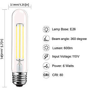 PIFUT T9 LED Bulb, E26 Dimmable LED Bulb, 110v 600Lumens 60W Equivalent, Clear Glass Tubular Light Bulb, Best Replacement for Incandescent Bulb, Candelabra LED Bulbs, 4 Pack (Daylight White)
