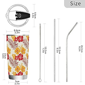 Tropical Style Flower Leaves Yellow and Red Stainless Steel car cup with Lid and Straw mug for hot drinks for hot and cold drinks leakproof flip straw tumbler 20 OZ