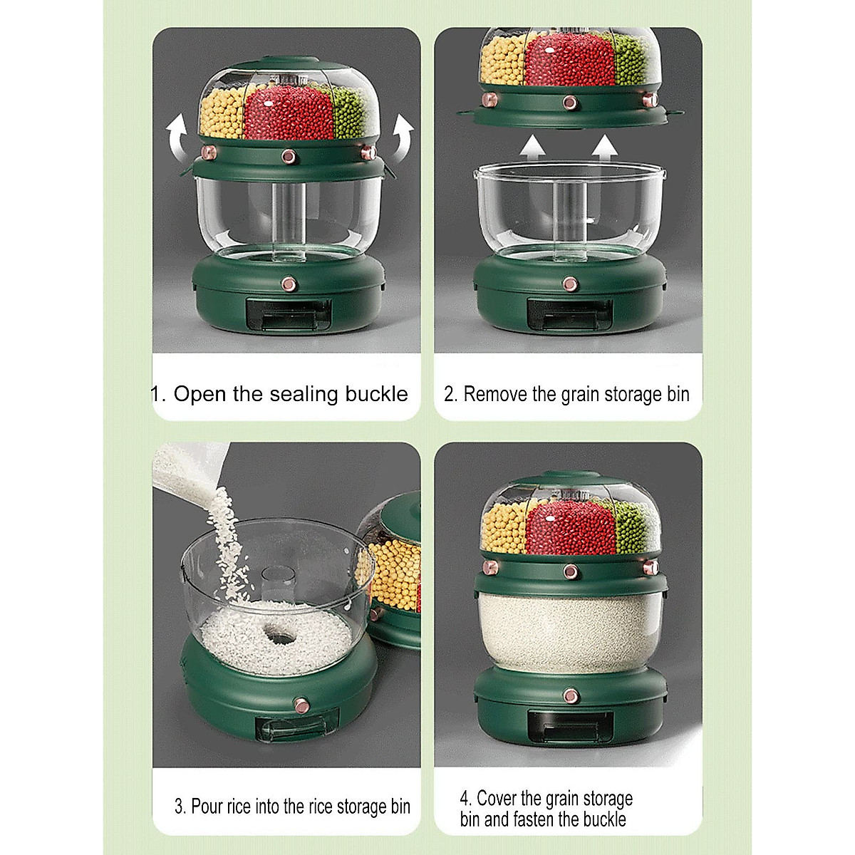 Mumusuki 4kg Rice and Grain Storage Container, Single Layer 6 Grids 360° Rotating Food Dispenser Airtight Food Storage Container for Grain, Sugar, Flour, Rice, Nuts, Snacks (Dark Green)