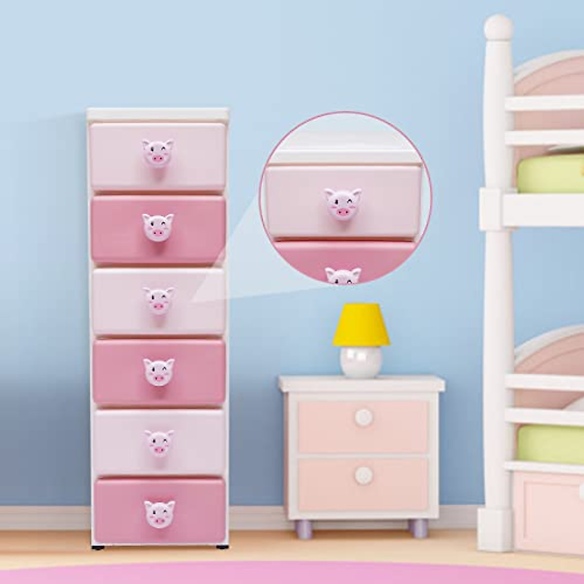 LOYALHEARTDY Plastic Drawers Dresser, 6 Drawers Dressers Chests with Wheels, Pink Storage Closet Cabinet Clothes Toys Snacks Organizer for Bedroom, Living Room, Playroom(Pink Pig Handle)