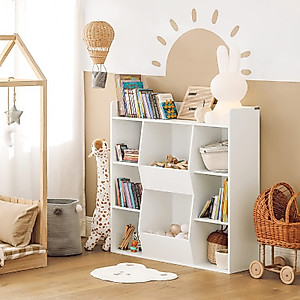 Haotian Kid's Bookshelf Children Bookcase with Toy Storage Organizer, Toddler Book Rack for Playroom, Book Holder for Nursery Classroom, White, KMB55-W