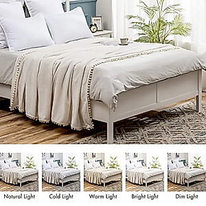 MIULEE Fleece Blanket with Pompom Fringe, Soft Cozy Lightweight Flannel Bed Blanket Fuzzy Plush Warm Blanket with Boho Decorative Tassel for Couch Sofa, Throw Size 50"x60", Cream White