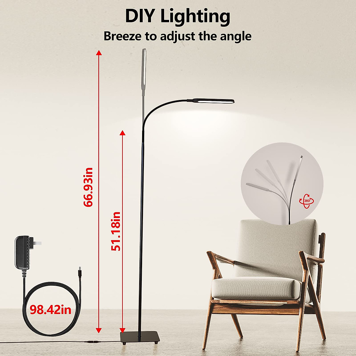 Koopala LED Floor Lamp, Bright Tall Standing Lamp with 4 Brightness Levels&4 Color Temperatures, Adjustable Gooseneck, Touch Control, Standard Lamp, for Study/Living Room/Bedroom/Office/Reading-Black