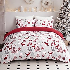 Christmas Duvet Cover Set King Reindeer Snowflakes Bedding Set Soft Microfiber Quilt Duvet Cover with 2 Pillowcases for Home Decoration