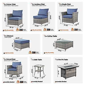 ovios 16 Piece Patio Furniture Set with Fire Pit Table,Outdoor Rattan Wicker Coversation Set with Swivel Rocking Chairs, Sectional Chairs for Outside Porch Balcony Backyard Pool,Light Blue