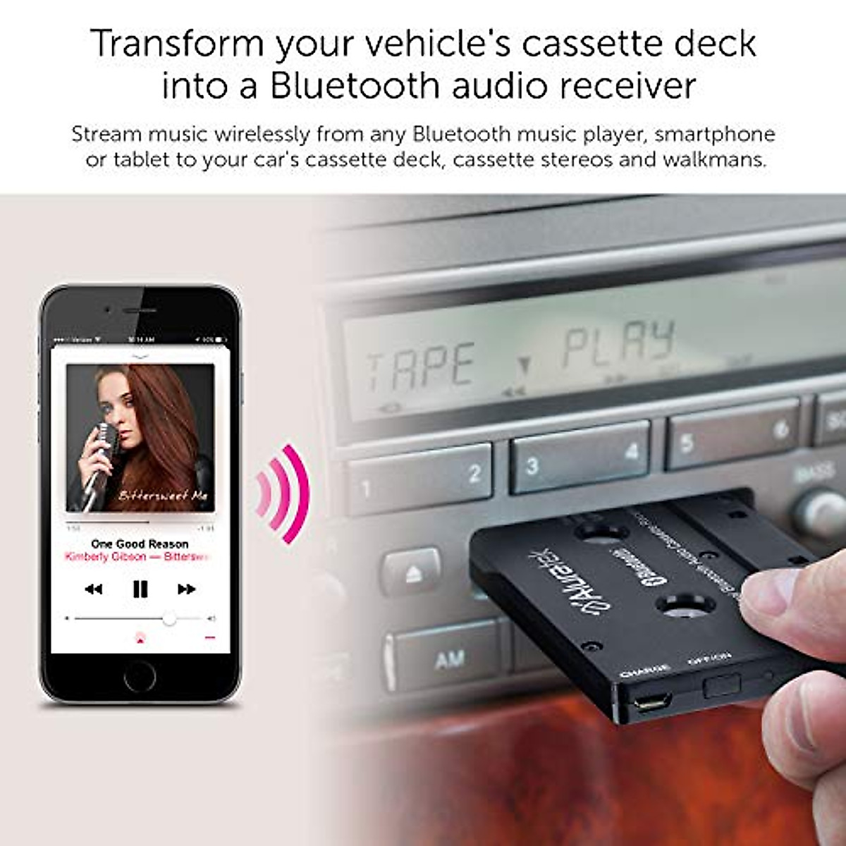 Aluratek Universal Bluetooth Audio Cassette Receiver, Built-in Rechargeable Battery, Up to 8 Hours Playtime, Audio Receiving up to 33 Feet