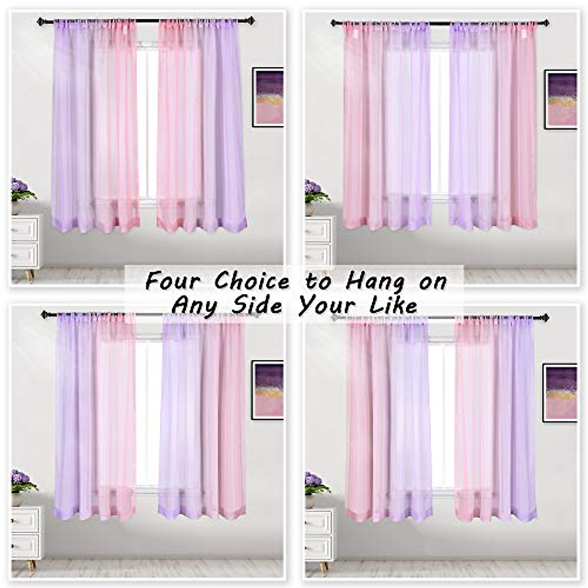 Ombre Sheer Curtains 63 Inch Length Purple Pink Sheer Curtains Two-Tone Gradient and Decorative Rod Pocket Window Curtains Panels for Parlor for Bedroom Girls Room Kids Babies Nursery 52 x 63 Inch