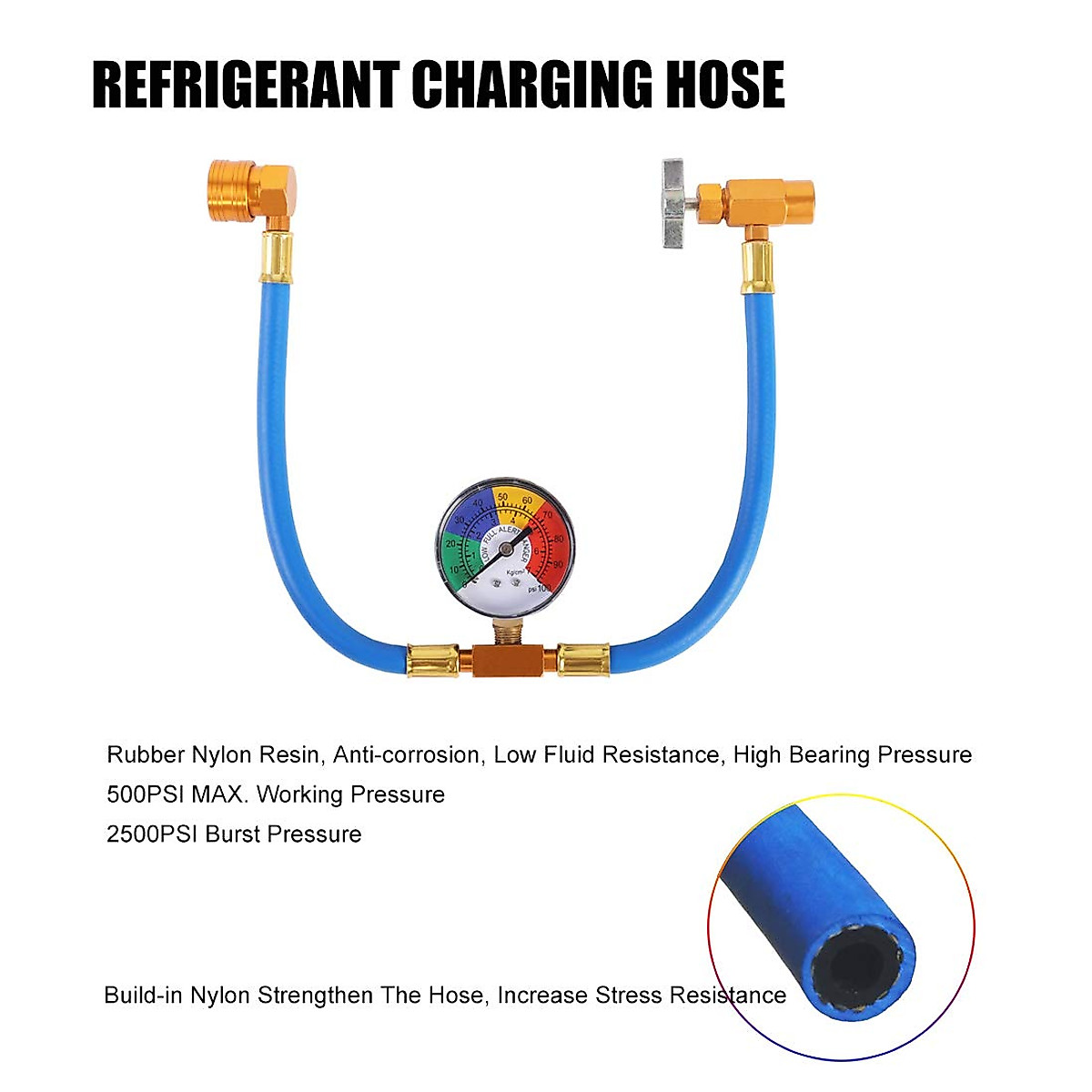 JIFETOR AC Charge Hose with Gauge, Car R134A Refrigerant Recharge Kit, Auto Air Conditioning U Charging Hose Low Pressure Measuring Meter with 1/2 inch Can Tap and R134A Quick Coupler, 100PSI