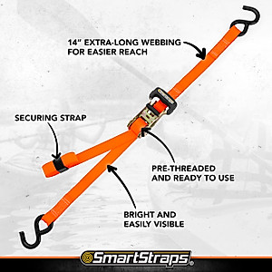 SMARTSTRAPS 10-Foot Ratchet Straps (4pk) – 3,000 lbs Break Strength – 1,000 lbs Safe Work Load Haul Heavier Loads Like Motorcycles, Boats and Large Appliances – Heavy-Duty Padded Tie-Downs, ORANGE (149)