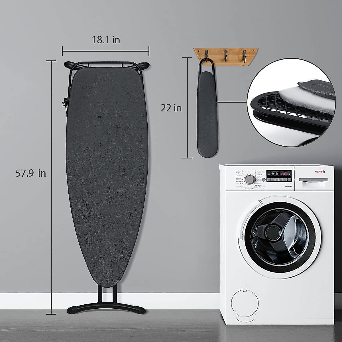 Duwee Steel Top Extra Wide Ironing Board with Sleeve Board and Adjustable Iron Rest, Luxury Foldable Ironing Boards with 10 mm Thicken Feltpad and Cover, Adjustable Height,18"x48"