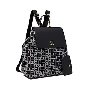 Tommy Hilfiger Maxine II Flap Backpack w/Hangoff Square Monogram Jacquard Black/White One Size