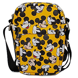 Buckle Down Disney Bag, Cross Body, Mickey Mouse Through The Years Expressions Scattered, Yellow, Vegan Leather