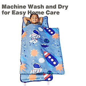 EVERYDAY KIDS Nap Mat w/Removable Pillow -Outer Space Adventures- Carry Handle with Straps Closure, Rollup Design, Soft Microfiber for Preschool, Daycare, Travel Sleeping Bag - Ages 3-6 Years