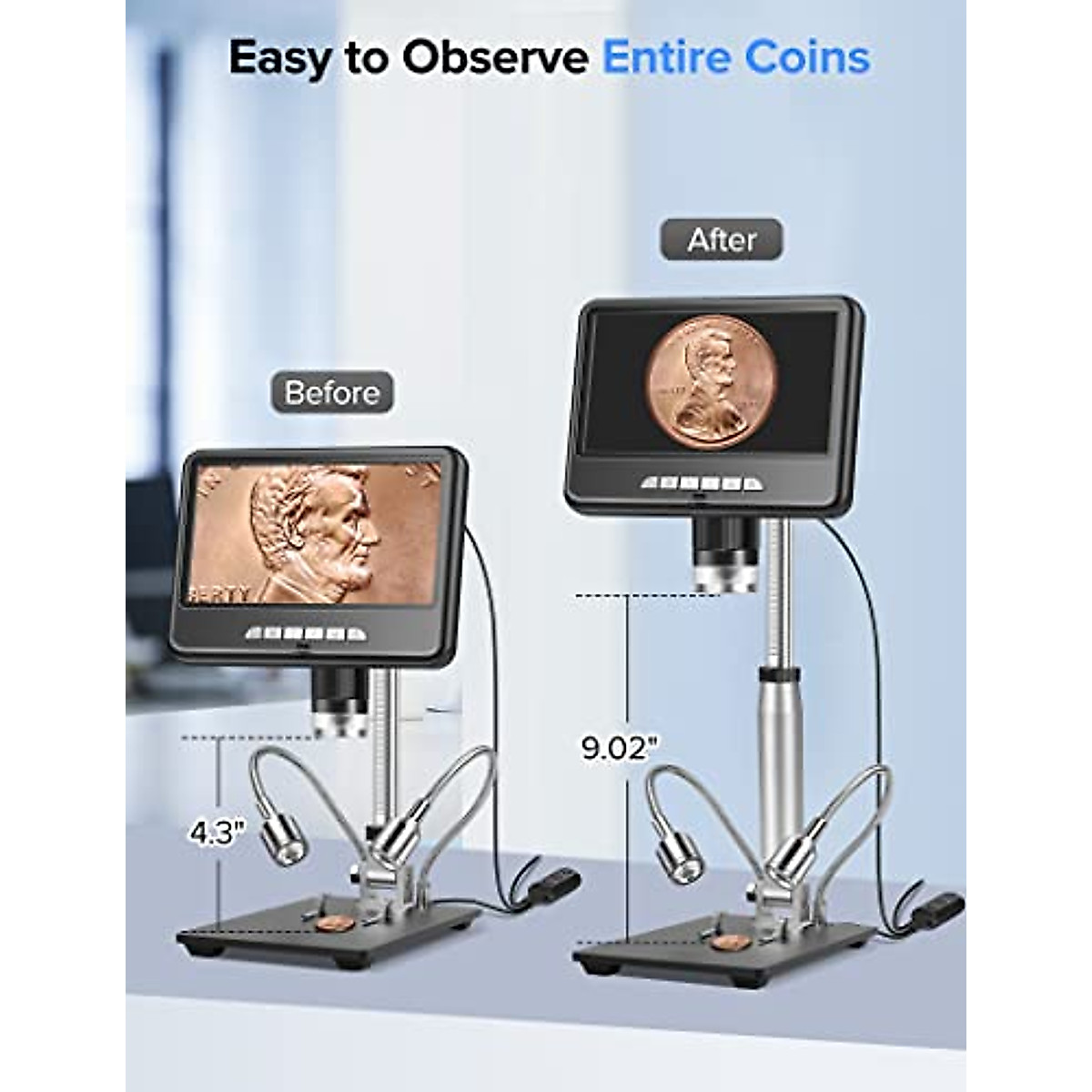 2K LCD Digital Microscope 1200X, Dcorn 7" 24MP HDMI Microscope, Soldering Coin Microscope with Lights, Extension Tube & 32GB Card Included, Coin Magnifier with Light