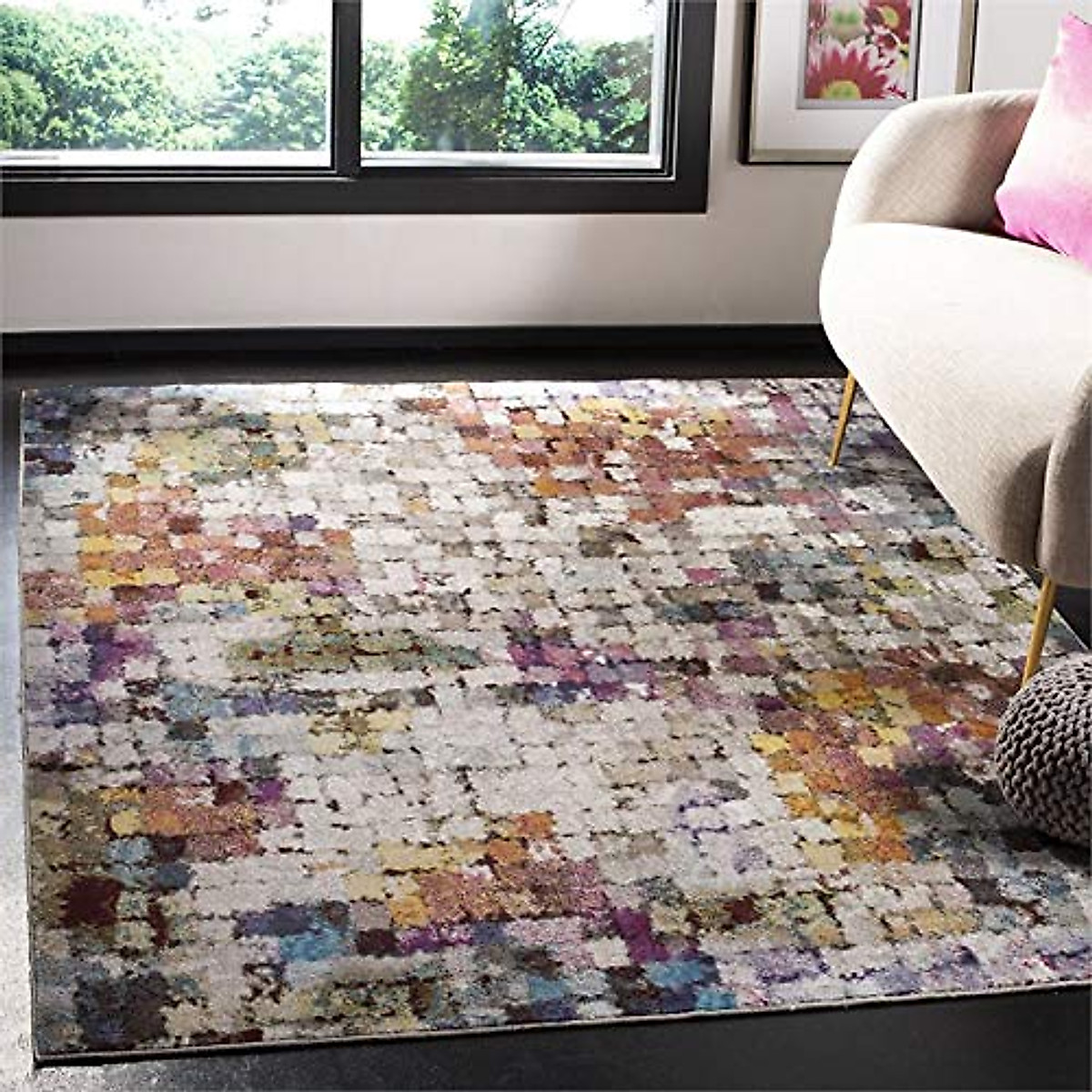 SAFAVIEH Aria Collection 8' x 10' Cream / Rust ARA168A Modern Boho Abstract Non-Shedding Living Room Bedroom Dining Home Office Area Rug