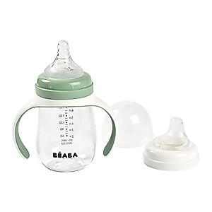 BEABA 2-in-1 Baby Bottle to Training Sippy Cup, Learning Cup, Baby Bottle Nipple and Soft Silicone Sippy Spout, Spill Proof, Baby, Toddler 7 oz (Sage)