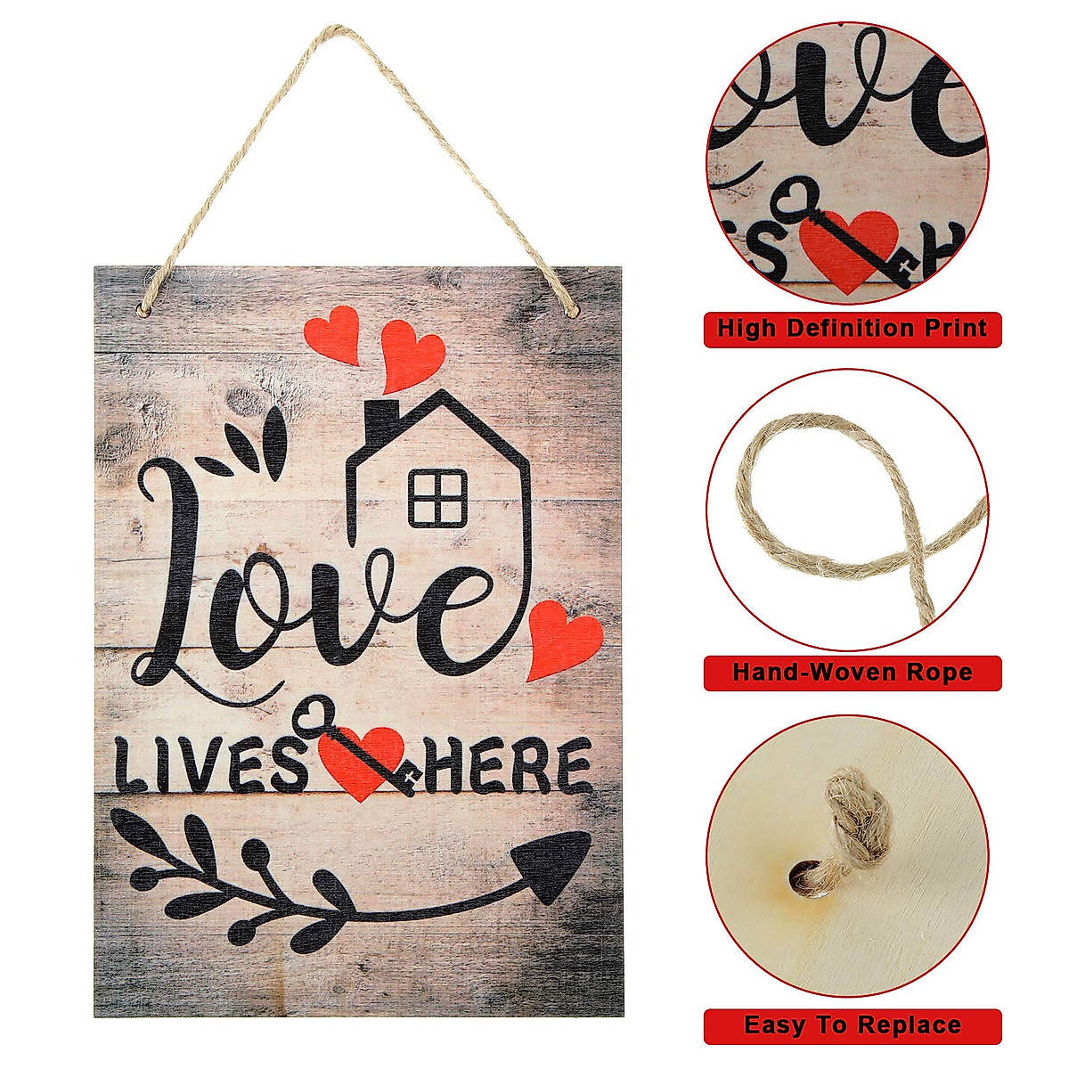 Jetec 2 Pieces Valentine's Day Hanging Wooden Sign Ornament Hanging Wall Plaque Red Heart for Home Garden 10 x 7 Inch
