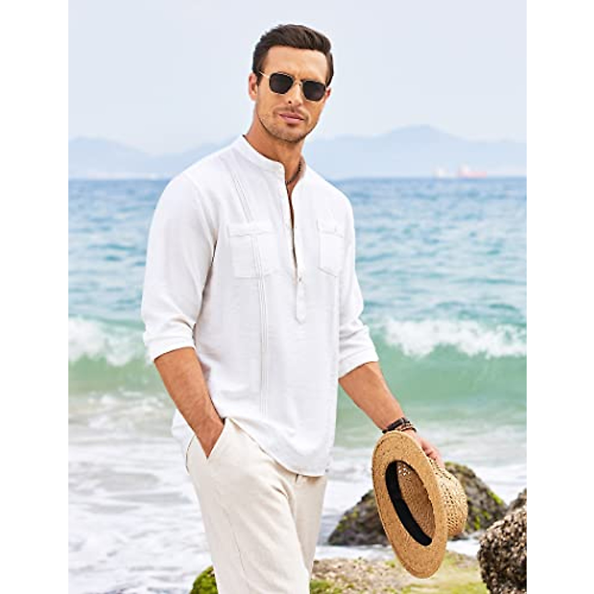 COOFANDY Men's Linen Henley Shirt Long Sleeve Casual Hippie Cotton Beach T Shirts White