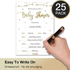 Set of 25 Baby Shower Invitations with Envelopes, Diaper Raffle Tickets and Baby Shower Book Request Cards - Night Stars