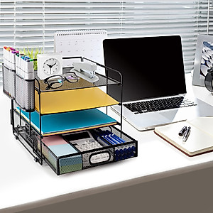 Zikopomi Black Professional Desk Organizer with 3 Compartments, Pen Holder, Drawer, Letter Tray for Office, School, Home