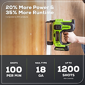 Greenworks 24V 18 Gauge Brushless Brad Nailer Gun, Cordless Finish Nailer, Staple Gun Cordless with 2Ah Battery and 2A Charger