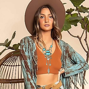 Flyonce Blue Turquoise Long Collar Necklace, Vintage Western Style Ethnic Necklace for Women Silver-Tone