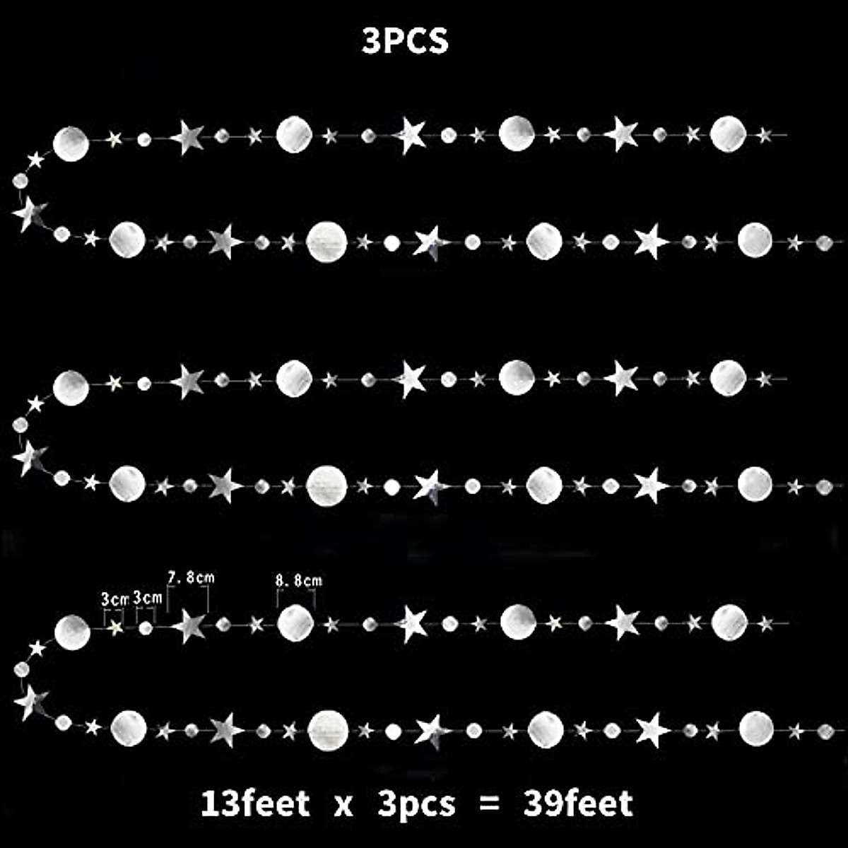 3 Pack Silver Party Decorations Moon Star Garland Ramadan Hanging Stars Circle Streamer Banner Backdrop Background for Wedding Birthday Christmas New Year EID Graduation Decor