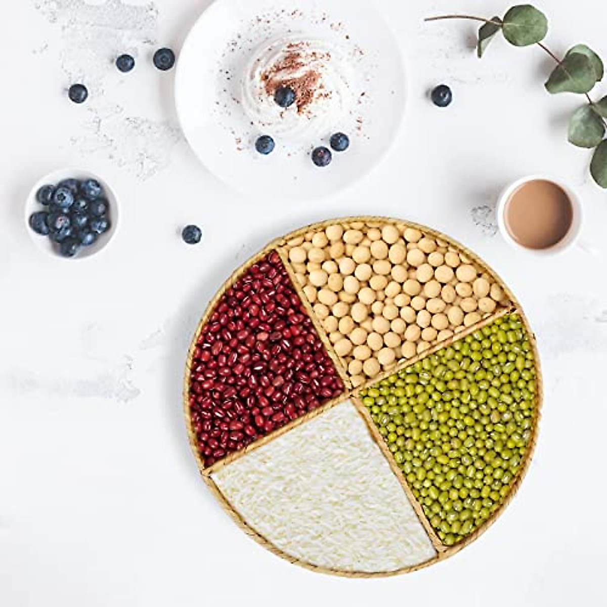 YIFANZHIBIAN Seagrass Storage Basket，Eco-friendly Wicker Basket with Lid，Woven Water Hyacinth Basket，Handmade and Natural Rattan Baskets with 4 Sections for Living Room（Round, Yellow Color）