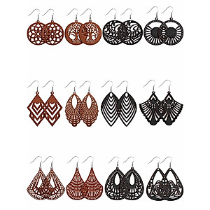 12 Pairs African Wooden Dangle Earrings Lightweight Drop Earrings Bohemian Pendant Dangle Earrings Jewelry Wooden Earrings (Black, Brown, Stylish Style)