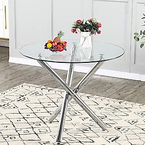 Modern Round Dining Table with Clear Tempered Glass Top, 3 Chrome Legs Kitchen Table for 2 or 4 Person,Round Dining Table Furniture for Home Office Kitchen Dining Room(W 35.4 x L 35.4 x H 29.5 inch)