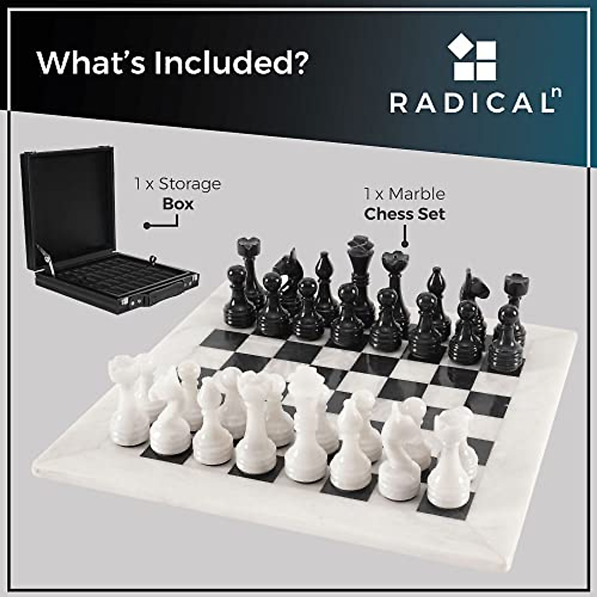 RADICALn 15 Inches Handmade White and Black Weighted Full Chess Game Set with Storage Box - Staunton and Ambassador Style Marble Tournament Chess Sets for Adults