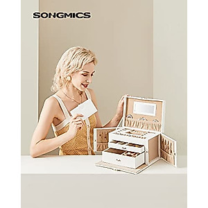 SONGMICS Jewelry Box 3 Layers, Jewelry Organizer with 2 Drawers, Jewelry Case with Portable Travel Case, with Handle, Lockable, Jewelry Storage, Gift for Loved ones, White UJBC121W