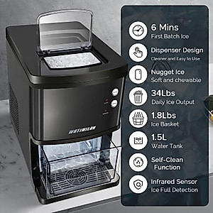 Nugget Ice Maker Countertop, Pebble Ice Maker Machine Pellet Sonic Ice Maker Dispenser Portable for Home/Kitchen/Office, Soft Chewable Ice, Making Ice in 6 Mins, 34Lbs/24H, Self-Cleaning, Ink Black