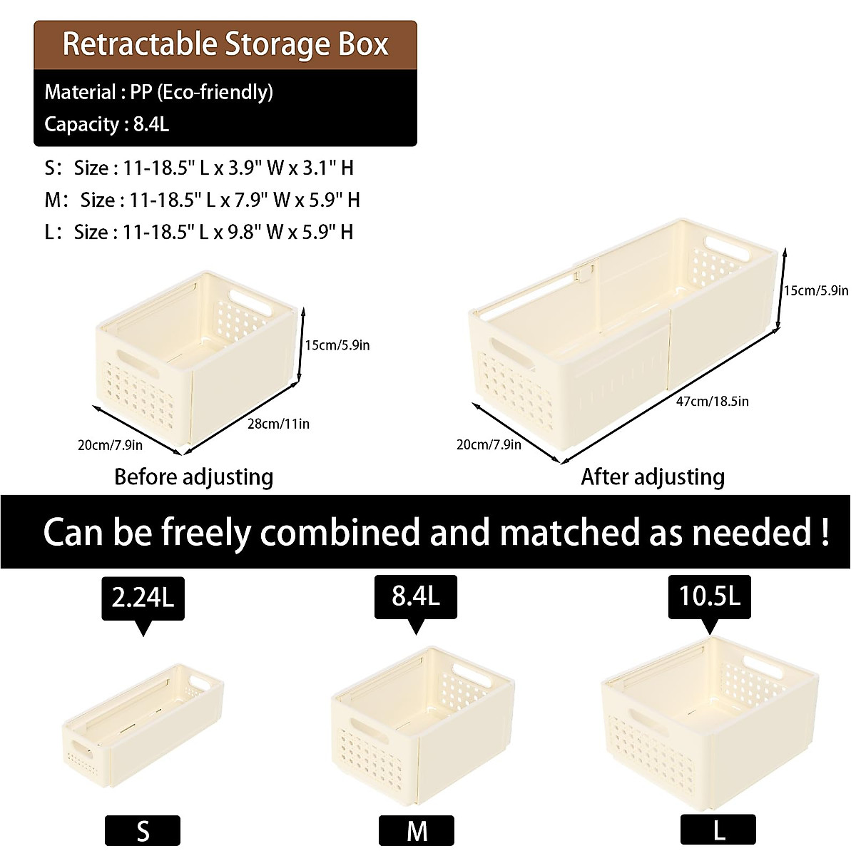 Yawinhe Retractable Plastic Storage Bins with Handles, Expandable Stackable Storage Baskets, 3pack Organization and Storage Containers Organizers for Closet Pantry Cabinet, 11-18.5x7.9x5.9in